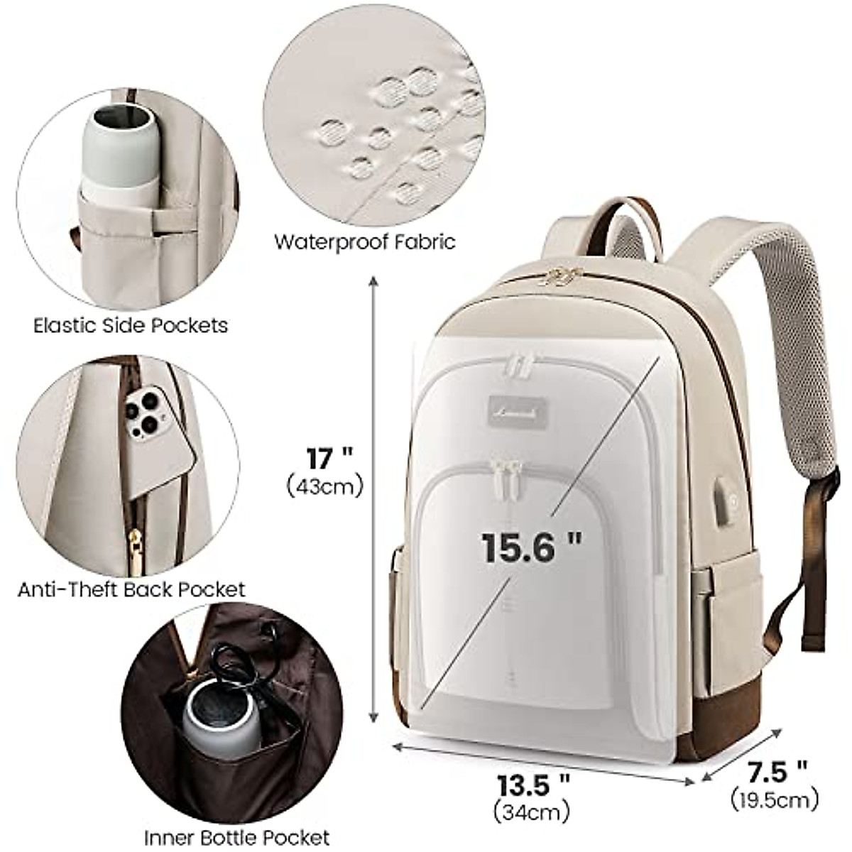 LOVEVOOK Travel Laptop Backpack Women,15.6 Inch Water Resistant Travel Backpack for Women,Work Computer Back Pack for College Business,Khaki