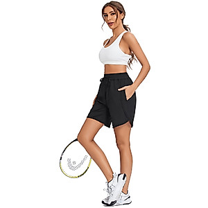 FREE DUCK Women's 7" Running Shorts Quick Dry Summer Drawstring Athletic Shorts for Women with Pockets Workout Hiking Travel Golf Active (Medium, Black)