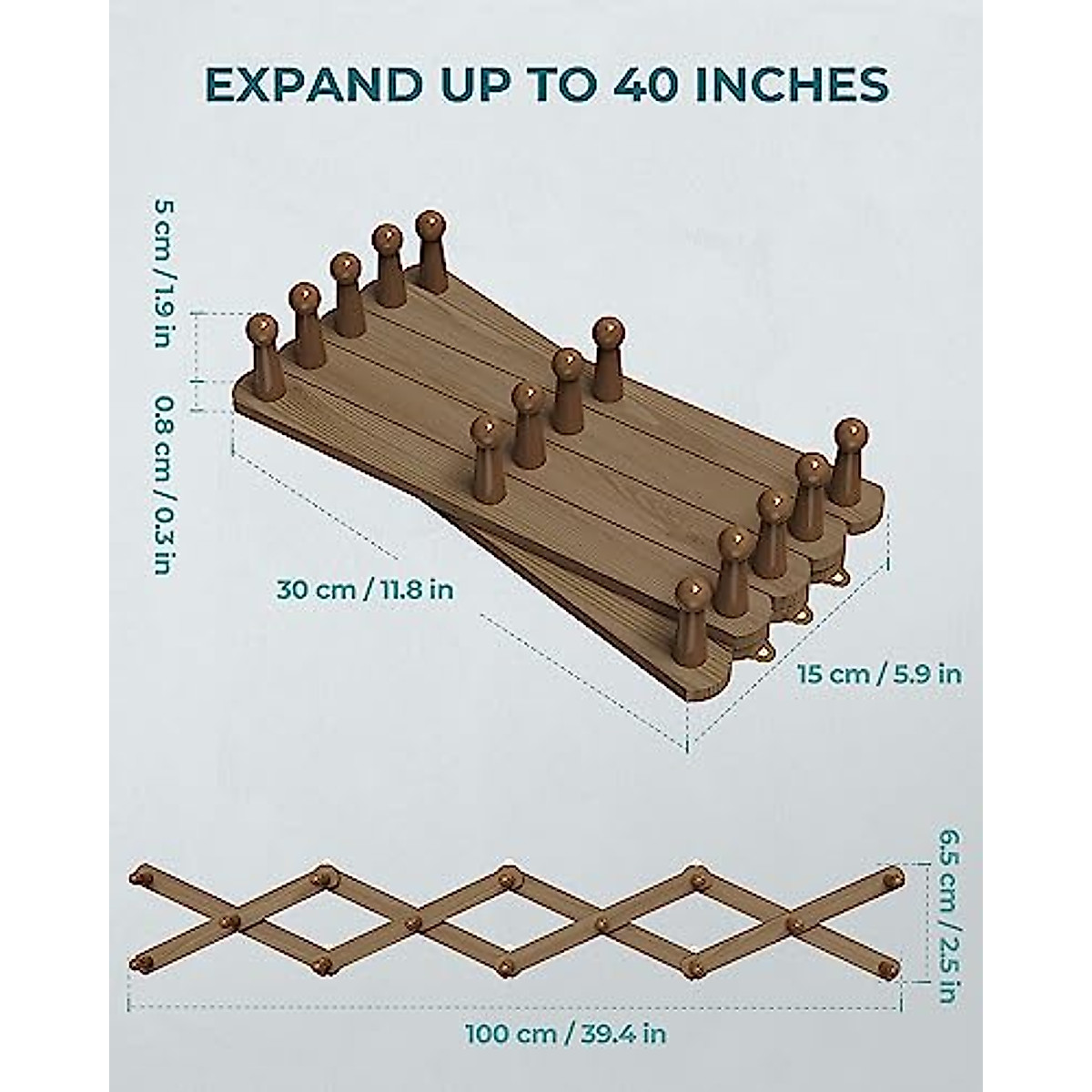 OROPY Wood Accordion Wall Hanger, Expandable Coat Rack Wall Mount with 14 Pegs, Expanding Hat Rack for Wall, X Shape, 27"×10", Walnut Color