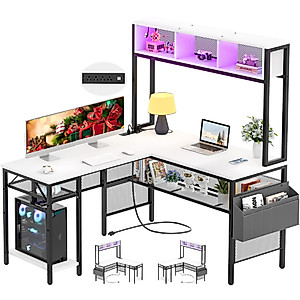 Unikito L Shaped Computer Desk with LED Strip and Power Outlets, Storage Shelves and Bag, Industrial Reversible Gaming Table Writing Corner Desk for Home Office Workstation, White