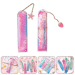 NUOBESTY 2pcs Quicksand Student Stationery Bookmark Ruler Cute Measurement Decoration Ruler Flow Sand Bookmark rulers Girl Drawing Template Cute Page Markers for Girls, Ladies, Children