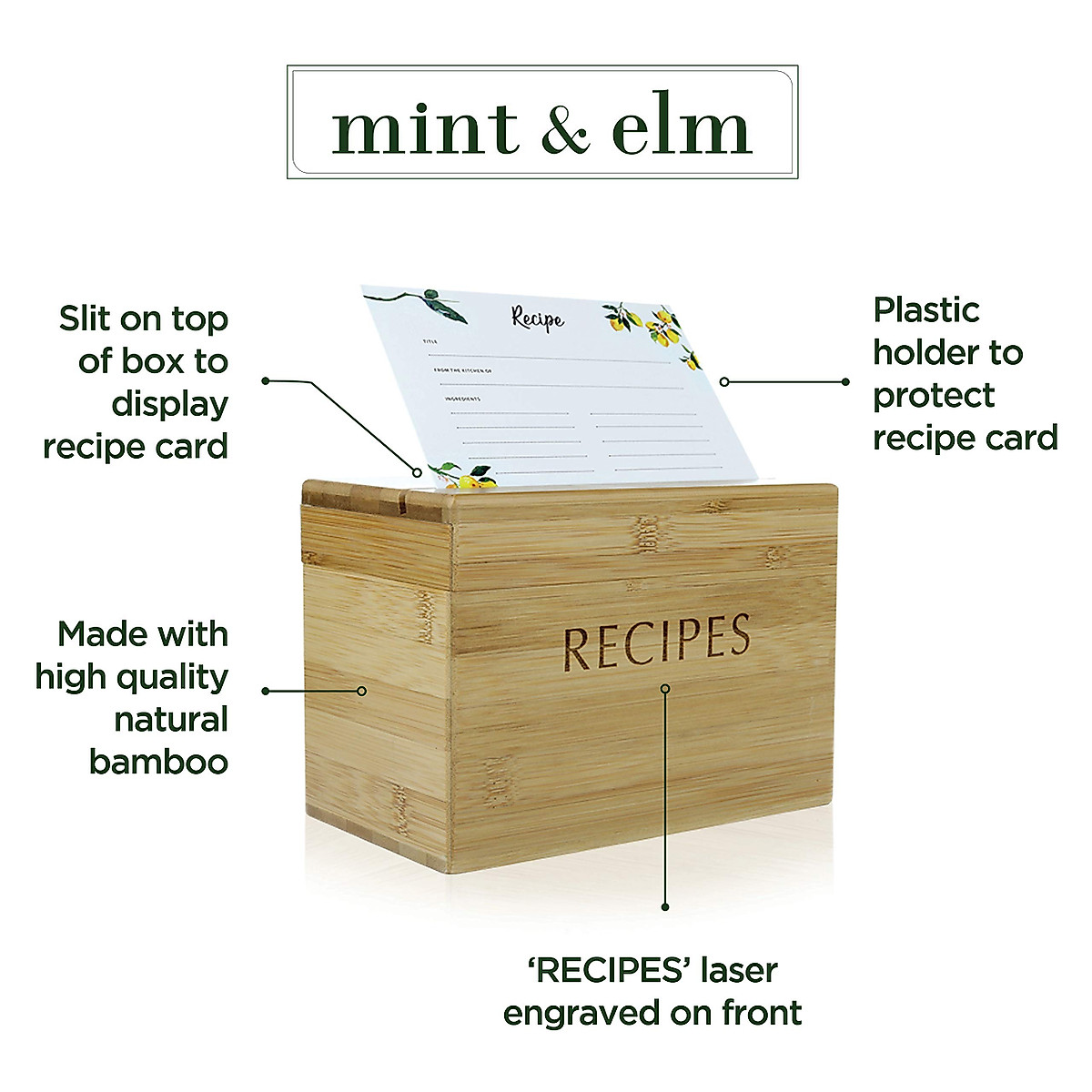 Mint & Elm Recipe Box with 100 Cards and 10 Dividers - Recipe Organizer Includes Plastic Holder for 4x6 Cards (Natural Bamboo)