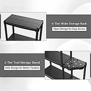 Giantex 4-Tier Garage Shelving with Tool Organizer, Open Storage Rack W/Tight Connections & Stable Bottom Base, 2-Tier Holder W/ 12 Holes for Long-Handled Tools, Fit Warehouse, Toolshed