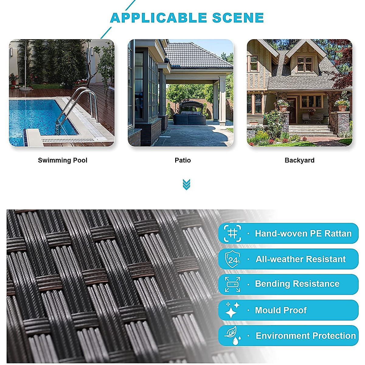 Kullavik 7 Pieces Outdoor Patio Furniture Set with 43" 55000BTU Gas Propane Fire Pit Table PE Wicker Rattan Sectional Sofa Patio Conversation Sets,Green Blue