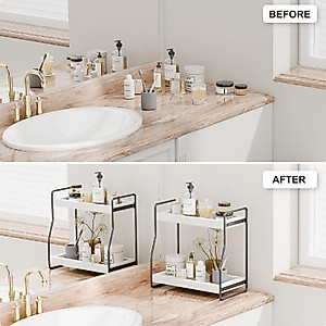 Messmenos Bathroom Organizer Countertop, 2 Tier Solid Wood Vanity Counter Storage Tray, Wooden Stand Organization Shelf for Kitchen&Coffee Bar, Storage Rack for Makeup Perfume Skincare (White)