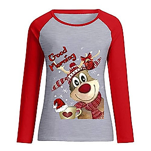 Christmas Shirts for Women Ugly Sweaters Good Morning Letters Cute Deer Printing Blouses Long Sleeve Crewneck Warm Tops Gray