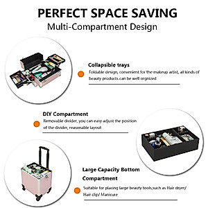 mefeir 4 in 1 Rolling Makeup Train Case, Aluminum Makeup Travel Organizer Cosmetic Case, Cosmetology Display Suitcase on Wheels, Beauty Storage Luggage Lockable w/4 Removable Wheels (Pink)