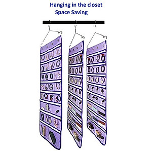 ANIZER Dual Sided Hanging Jewelry Organizer with Hanger for Closet Necklace Earrings Bracelet Ring Travel Holder (56 Zippered Clear Pockets Purple)