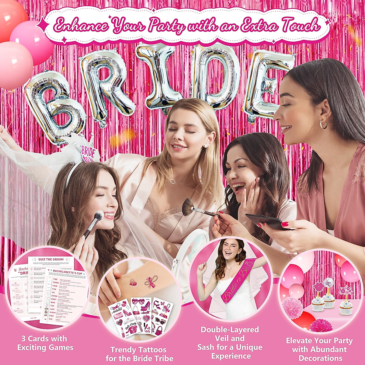 Party Spot! 119 PCS Bachelorette Party Decorations, Latex Balloons, "BRIDE TO BE" Balloons, Tablecloth, Veil, Cake Topppers, Pink Bridal Shower Party Decorations, Balloon Pump