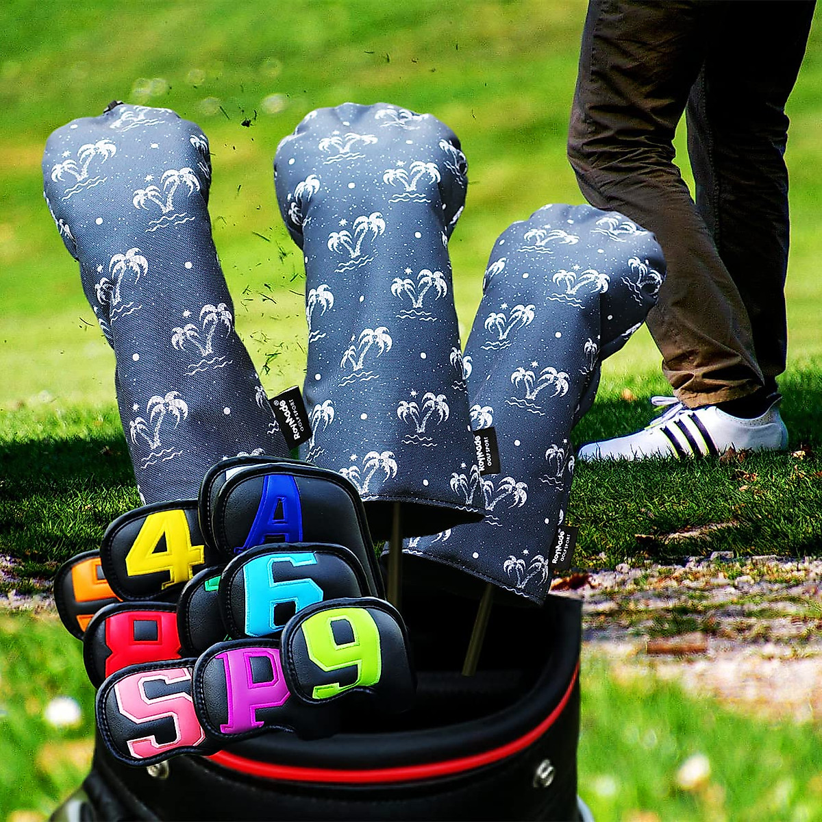 ROYMADE Golf Club Head Covers 3 Pack Waterproof Cloth Head Covers for Driver/Fairway Wood/Hybrid Fit All Golf Clubs Headcover #1#3#5 for All Brands (Coconut trees style)