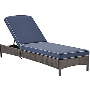 Crosley Furniture Palm Harbor Reclining Wicker Outdoor Chaise Lounge Chair for Patio, Deck, Poolside, Gray with Navy Cushions