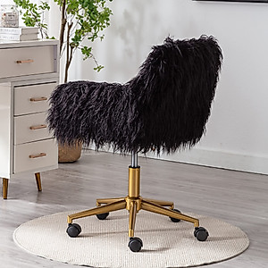 KCC Fluffy Office Desk Chair, Faux Fur Modern Swivel Armchair with Wheels, Soft Comfy Fuzzy Elegant Accent Makeup Vanity Chairs for Women Girls, Home Living Dressing Room Bedroom, Black