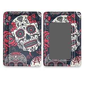 Linomo Thin leather Card Holder and Money Clip Floral Flower Sugar Skull Wallet RFID Blocking for Men & Women