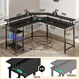 Rolanstar L Shaped Gaming Desk with LED Lights & Power Outlets, 56" Computer Desk with Full Monitor Stand & Storage Shelf, Corner Desk with Hooks, Black Desk Reversible