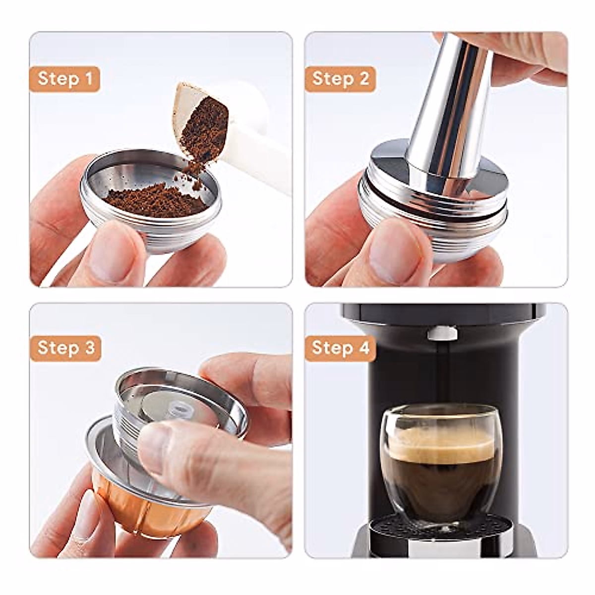 Stainless Steel Reusable Vertuo Capsule ONLY For VERTUOLINE NEXT+EMPTY Refillable Alumium VERTUOLINE Pods-80+150+230ml Each 2 Pcs + 1Pcs Coffee Capsule Tamper For Nespresso Vertuo Next Reusable Pods