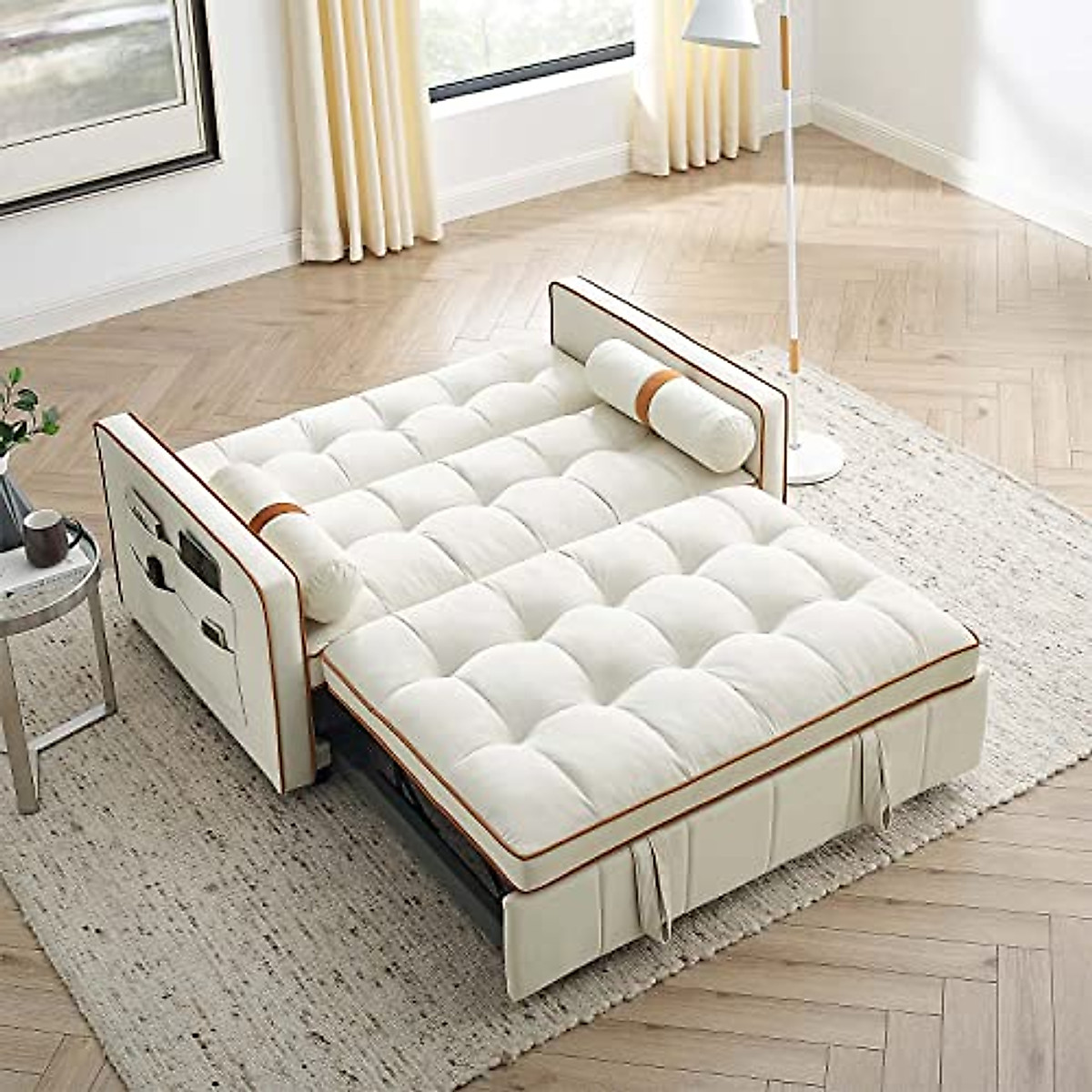 JEEOHEY Sleeper Sofa Couch w/Pull Out Bed, 55.5" New Upgraded Tufted Velvet Convertible Sleeper Sofa Bed, Small Love seat Sofa Bed w/ 2 Pillows for Small Space, Living Room, Apartment, Beige