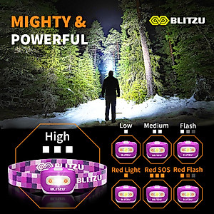 BLITZU Led Headlamps for Camper, Kids, Family, Adults. Headlights, Headband Flashlights, Led Head Lights, Head Lamp, Camping Essentials Gear Clearance, Purple