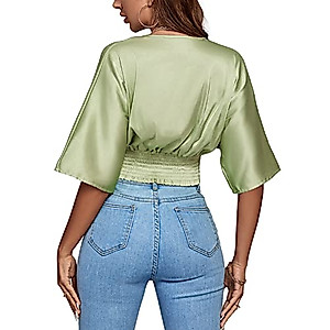LYANER Women's Satin Deep V Neck Ruched Blouse Shirred Back Batwing Short Sleeve Crop Top Light Green X-Large