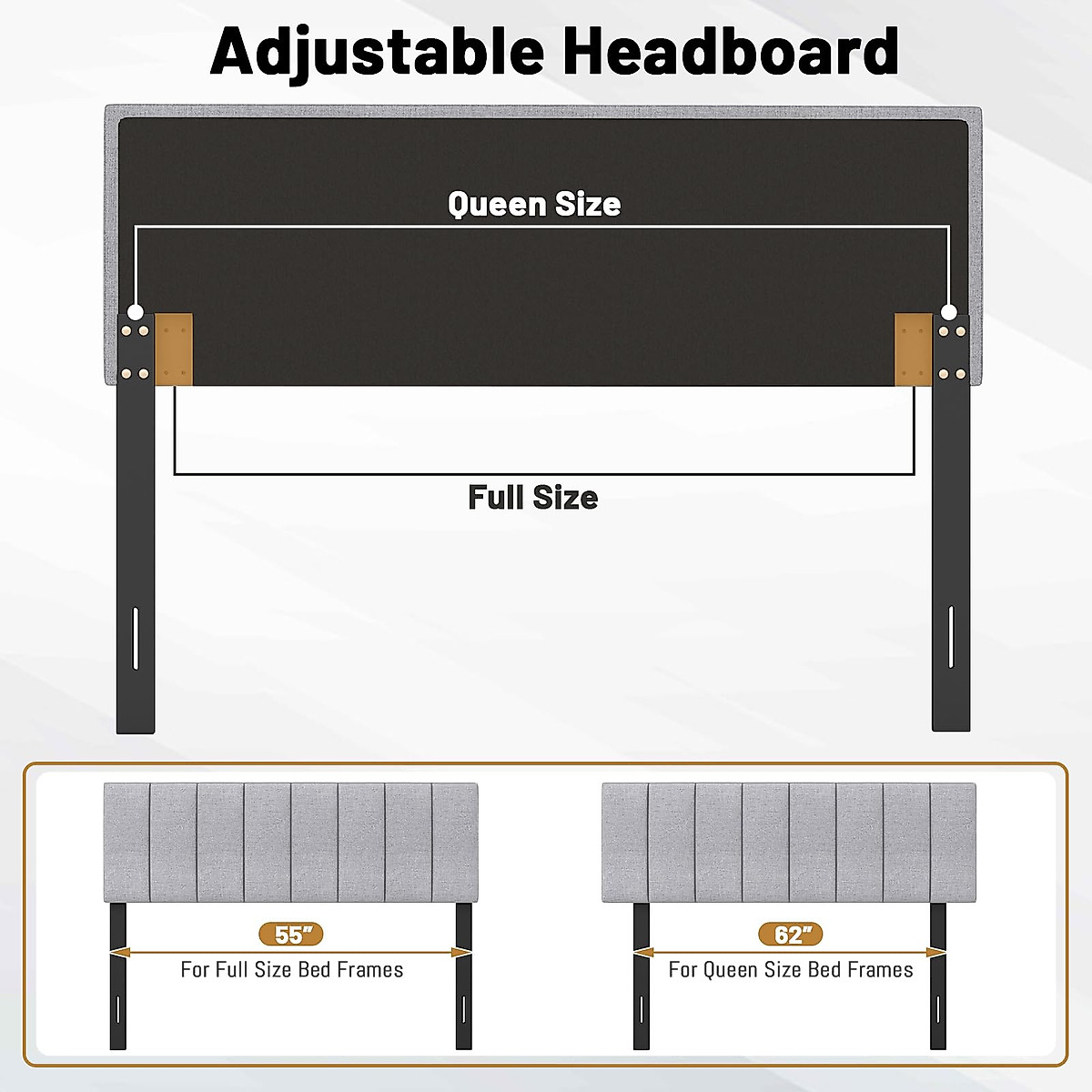 KOMFOTT Linen Upholstered Headboard for Full & Queen Size Bed, Vertical Channel Tufted Rectangular Headboard with Solid Wood Legs & Adjustable Width, Padded Bed Backboard, Easy Assembly (Gray)