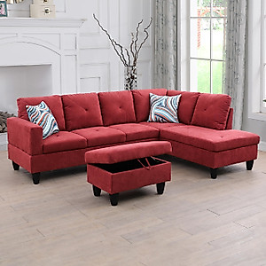 LOPOO 3-Piece 97.5'' L-Shaped Sectional Sofas with 66.5'' Chaise Lounge and Storage Ottoman, Flannelette Modular Large Living Room Couches for Home Office, Living Furniture Right Hand Facing (Red)