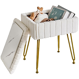 IBUYKE Stool Chair with Storage Space, Footrest Footstool Ottoman, Small Side Table, with 4 Metal Legs, with Anti-Slip Feet, for Makeup Room, Bedroom, White, Faux Fur LG-50W