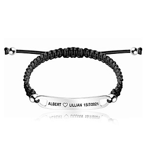YATEDIY Personalized ID Couple Bracelets Custom Engraved Hand Braided Rope Wrist Bracelet Men Women Friendship Adjustable Custom Valentine's Day (black)
