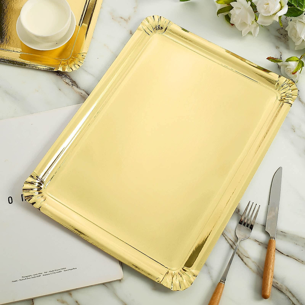 Efavormart 10 Pack | 15"x11" Gold Paper Cardboard Serving Trays, Rectangle Party Platters - 400 GSM