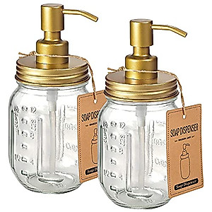 Amolliar 4PCS & 2pcs Gold Mason Jar Bathroom Accessories Set-3pcs Lotion Soap Dispenser & 2 pcs Cotton Swab Holder &1pcs Toothbrush Holder,Waterproof Stickers,Rustic Farmhouse Decor