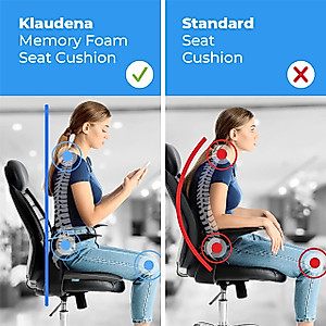 Klaudena | Memory Foam Seat Cushion for Office Chair, Coccyx Lower Back Support Tailbone Pain Relief, Lumbar Support Cushions, Work Chair Pad Butt Pillow, Sciatica, Correct Posture, Desk Chair Cushion