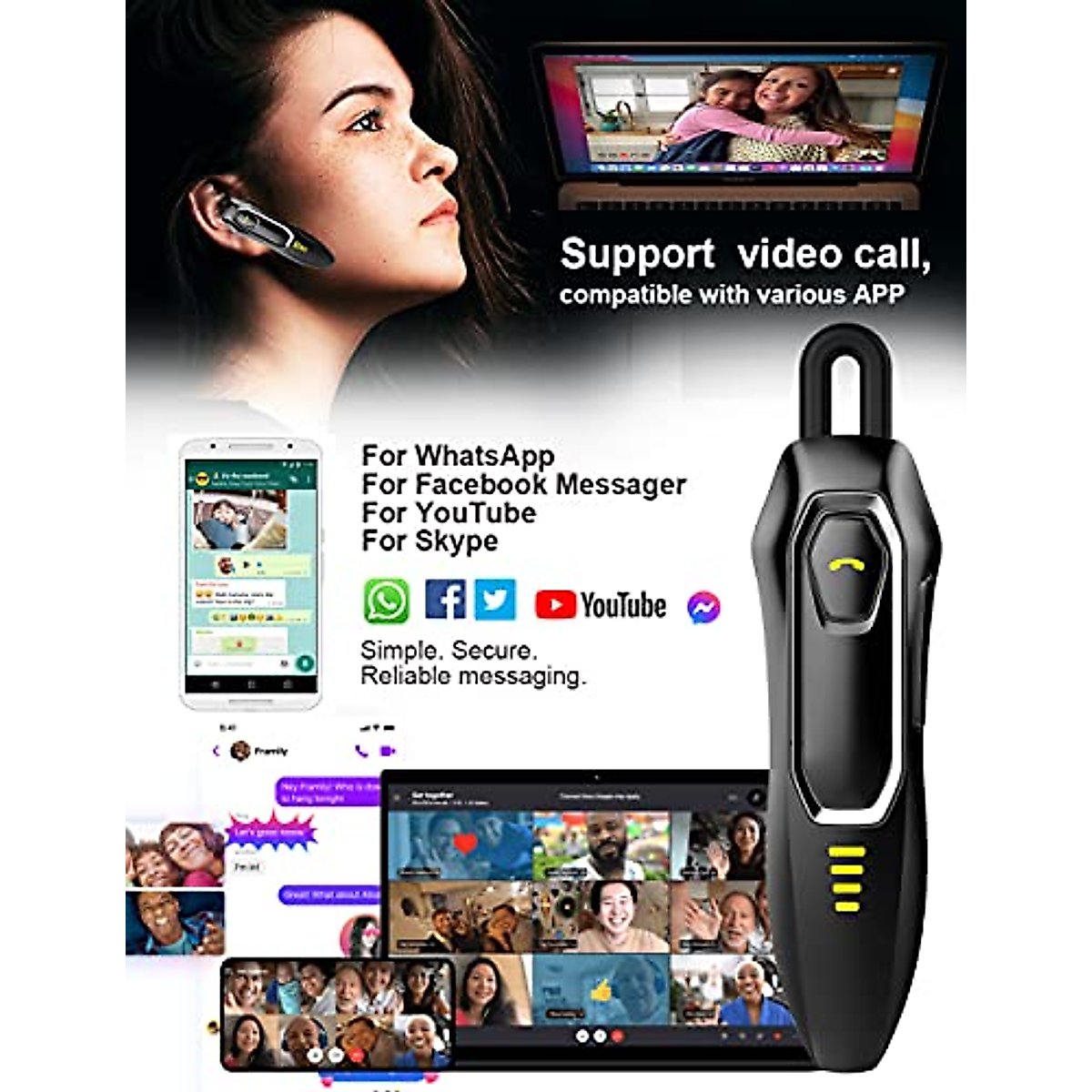 Wireless Bluetooth Earpiece V5.0 for Cell Phone, Powerful Noise Cancelling, Voice Command, Single Ear Bluetooth Headset with Microphone, Handsfree Earpiece for Trucker/Android/iPhone