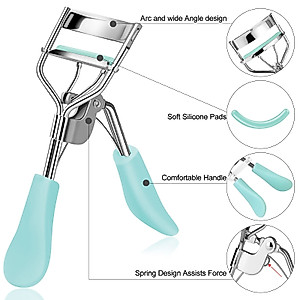 Zowor Eyelash Curler with Comb and Brush Fit All Eye Shape Curved Eyelash Curlers with 5PCS Silicone Refill Pad,Natural and Long Lasting Lash Curler for Women Make Up Gift(Blue)