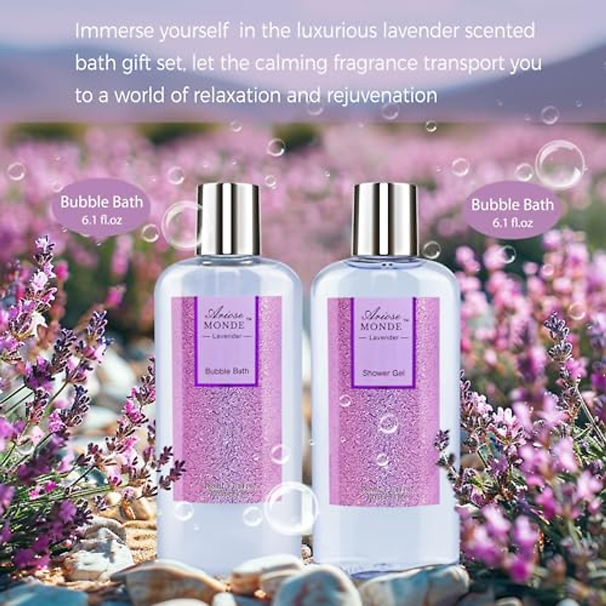 Bath Spa Basket Gift Set, Bath & Body Gift Set for Women, Lavender Scent, Includes Body Lotion, Shower Gel, Bath Salts, Bubble Bath, Bath Fizzers, Bath Oil, Birthday Bath Set Gift Idea