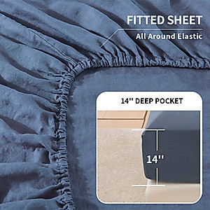 Simple&Opulence Belgian Linen Sheet Set Solid Color - 4 Pieces (1 Flat Sheet, 1 Fitted Sheet & 2 Pillowcases) Natural Flax Cotton Blend Soft Breathable Farmhouse Bedding - Queen Size, Classic Blue