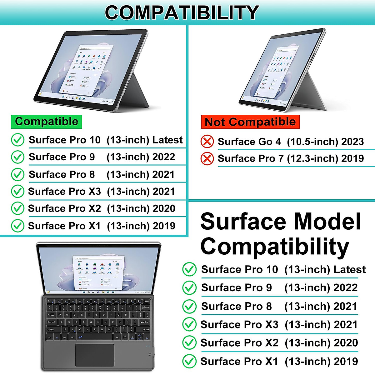 Arteck Microsoft Surface Pro Keyboard Type Cover, Ultra-Slim Portable Bluetooth Wireless Keyboard for Latest Surface Pro 10, Pro 9, Pro 8, Pro X with Touchpad Built-in Rechargeable Battery