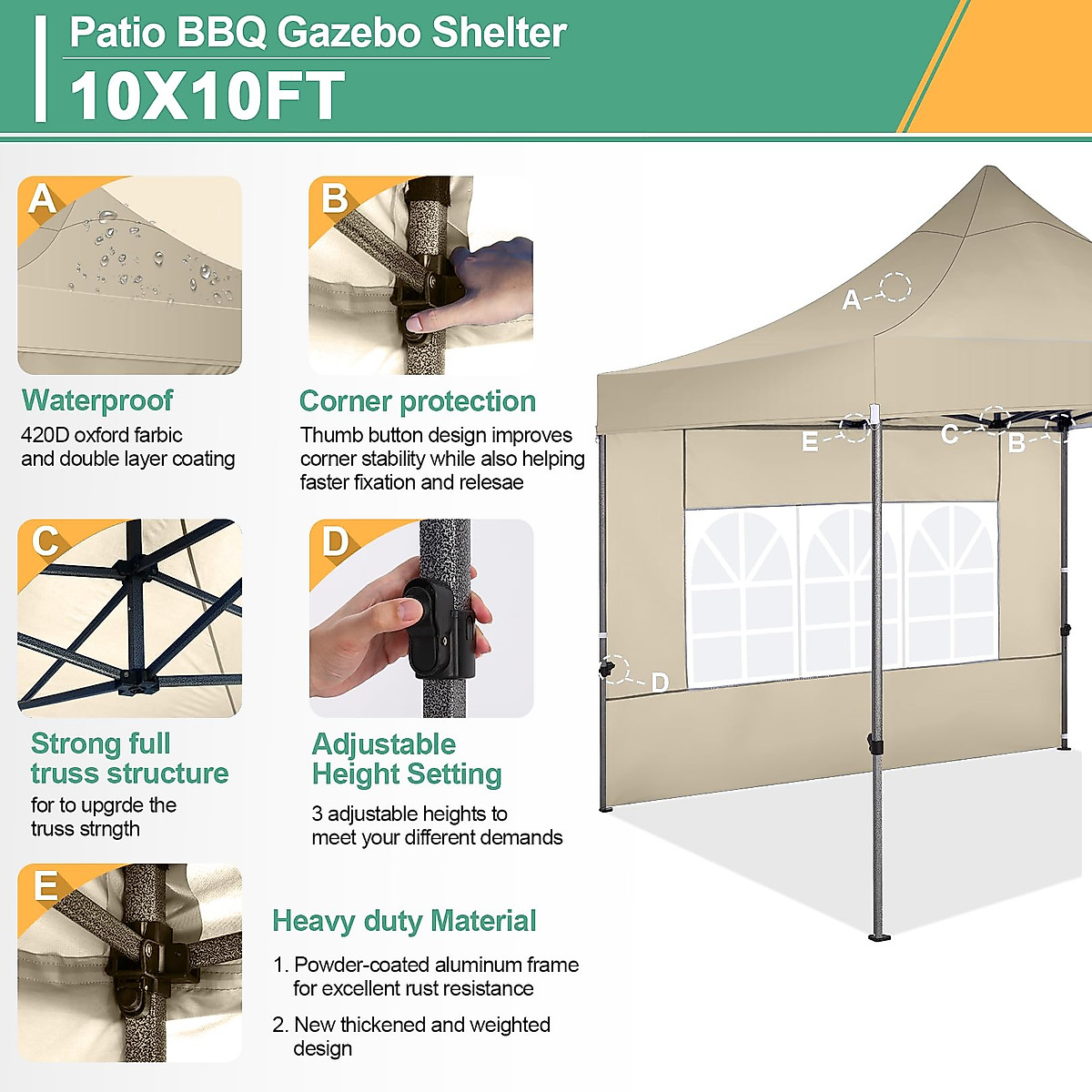 COBIZI 10x10 Pop Up Canopy Tent with 4 sidewalls Commercial Heavy Duty Canopy UPF 50+ All Weather Waterproof Outdoor Canopy Wedding Tents for Parties Gazebo with Roller Bag, Khaki (Windproof Upgraded)
