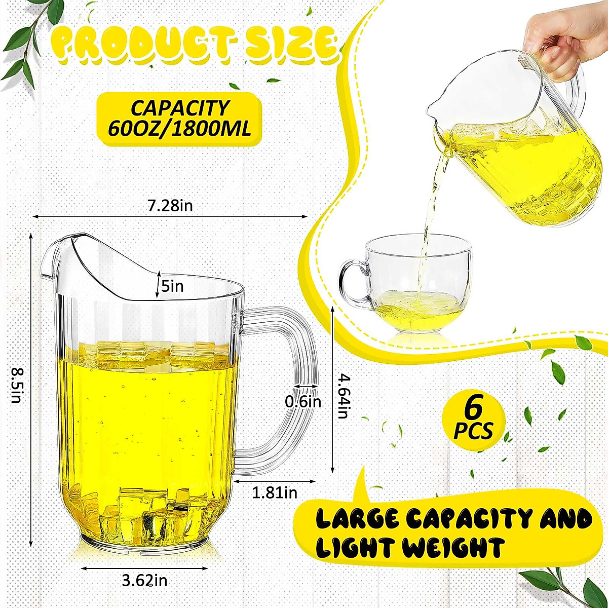 Tessco 6 Pcs Plastic Pitchers 60 Ounce Clear Restaurant Jug Large Water Pitcher Carafe Serve Milk Tea Juice Drink for Parties Container Dispenser Beer Jar