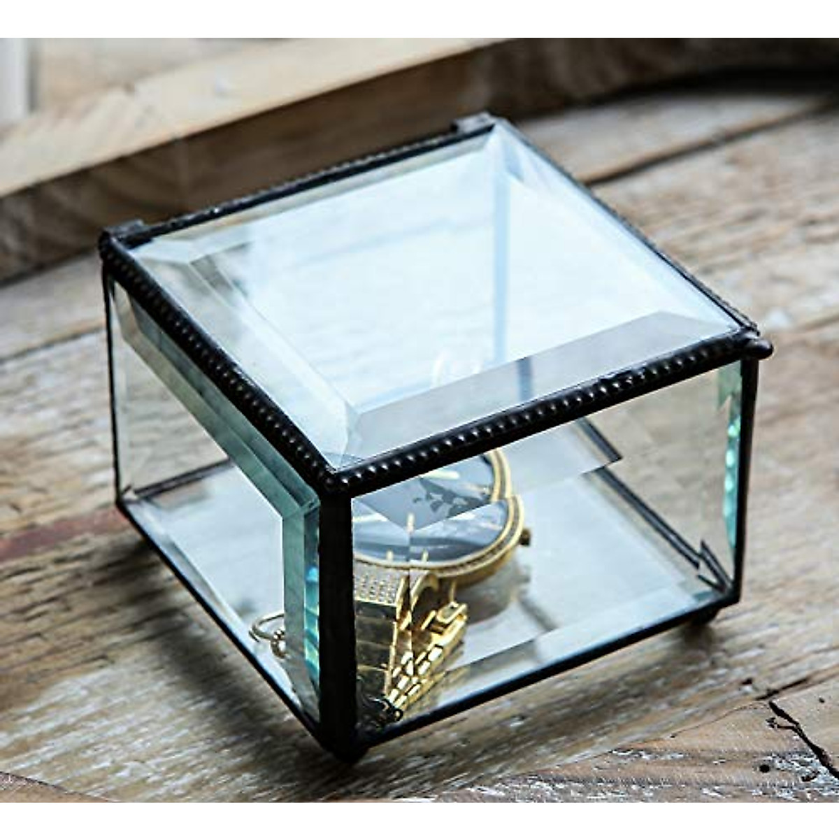 Retro Clear Glass Box Keepsake Jewelry Trinket Boxes Home Decor, Beveled Glass Display Box, 3.75x3.75x3 in