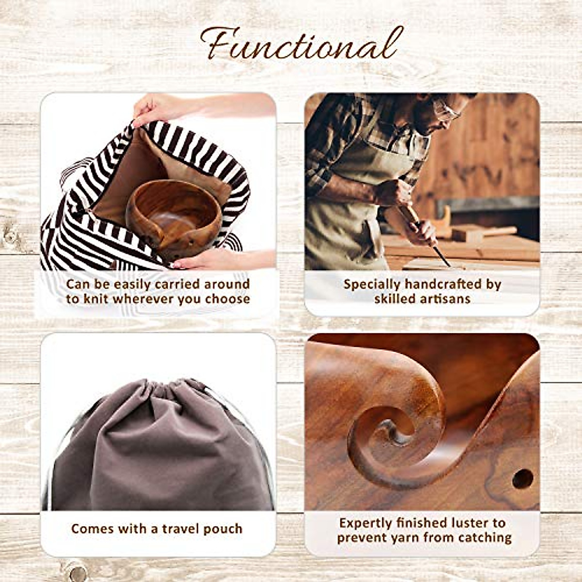 Yarn Bowls 6x3 inches for Crocheting. Wooden Yarn Bowl Holder for Knitting with Free Carry Pouch & 2 Crochet Hooks