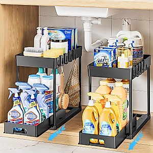 Delamu 2 Pack Under Sink Organizers and Storage, 2 Tier Pull Out Under Cabinet Organizer, Black Under Sink Storage for Bathroom Kitchen, Under Counter Storage organizer with 8 Hooks