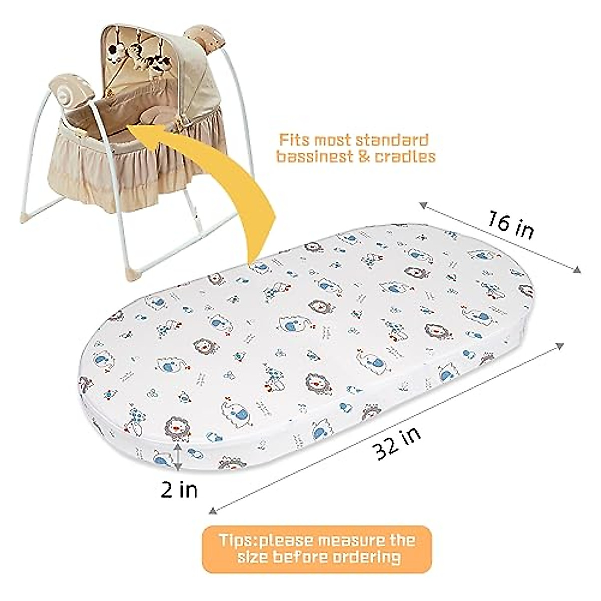 QIUBABYO Bassinet Mattress Pad,32"x16"x2" Breathable Cotton Cover,Waterproof Lining and High-Density Foam,Removable and Washable.Baby Cribs Topper for Moses Basket