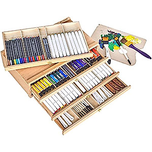 MEEDEN 4-Drawer Artist Supply Storage Box - Portable Foldable Multi-Function Beech Wood Artist Pencil & Brush Storage Box with Drawer & Compartments for Pastels, Pencils, Pens, Brushes, Stamp