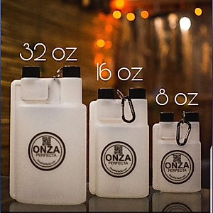 Onza Perfecta 16 oz Plastic flask for liquor hidden with 1 ounce shot glass dosage chamber (16 oz / 473 ml). Included carabiner.