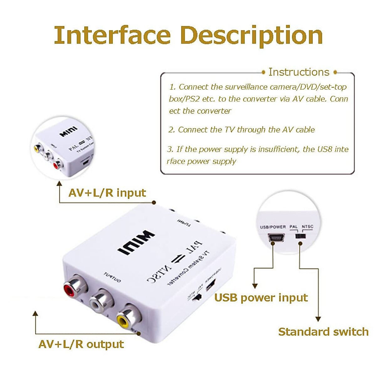 Mini PAL to NTSC Converter PAL NTSC Mutual Conversion Converter Adapter for Most DVD Players/recorders, camcorders, VCRs, Video Monitors and Various TV Systems