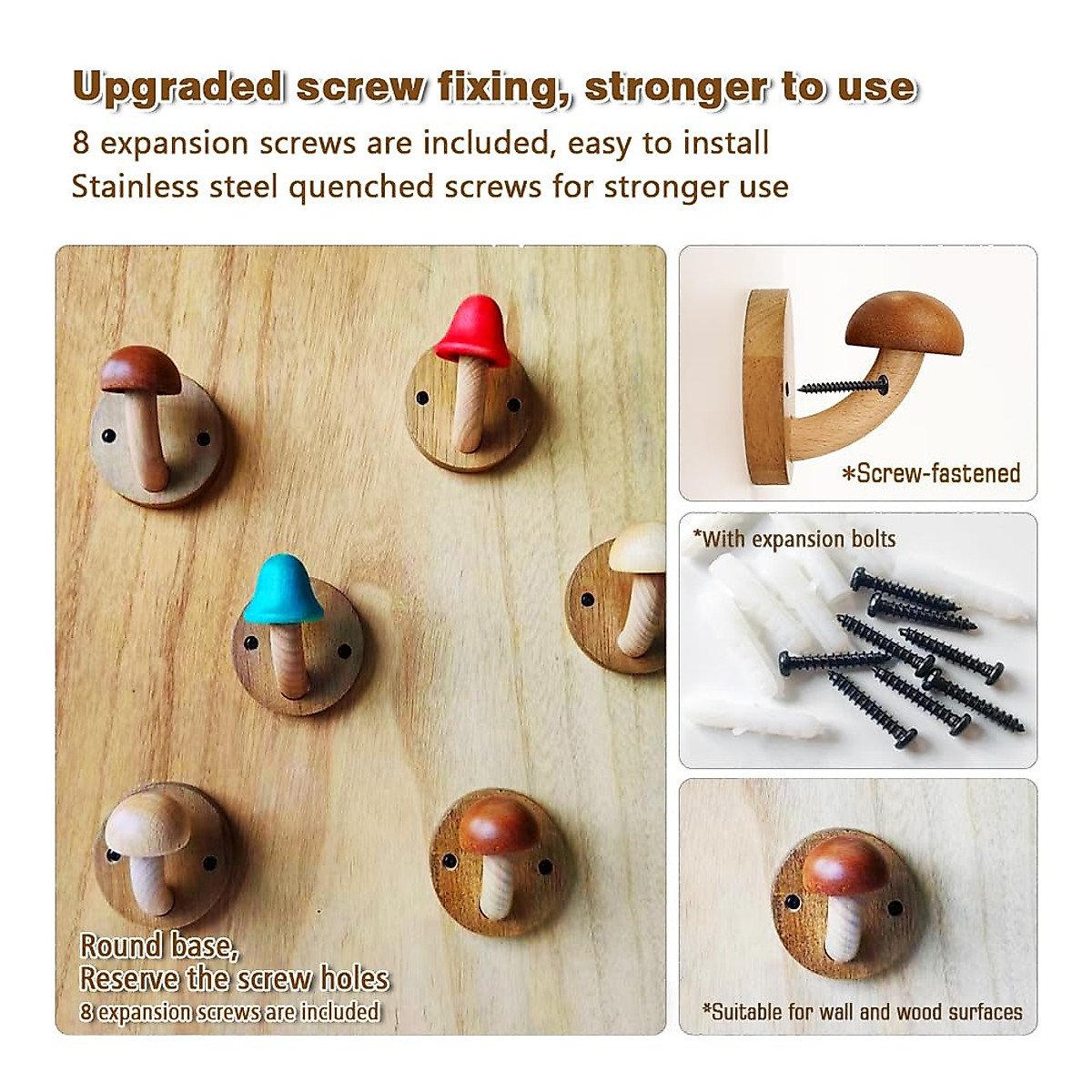Auntzyj Wooden Mushroom Coat Hooks, Wall Mounted Towel Hanger, Solid Wood, Colorful, Set of Hooks with Screws (4 Hooks & 8 Screws)