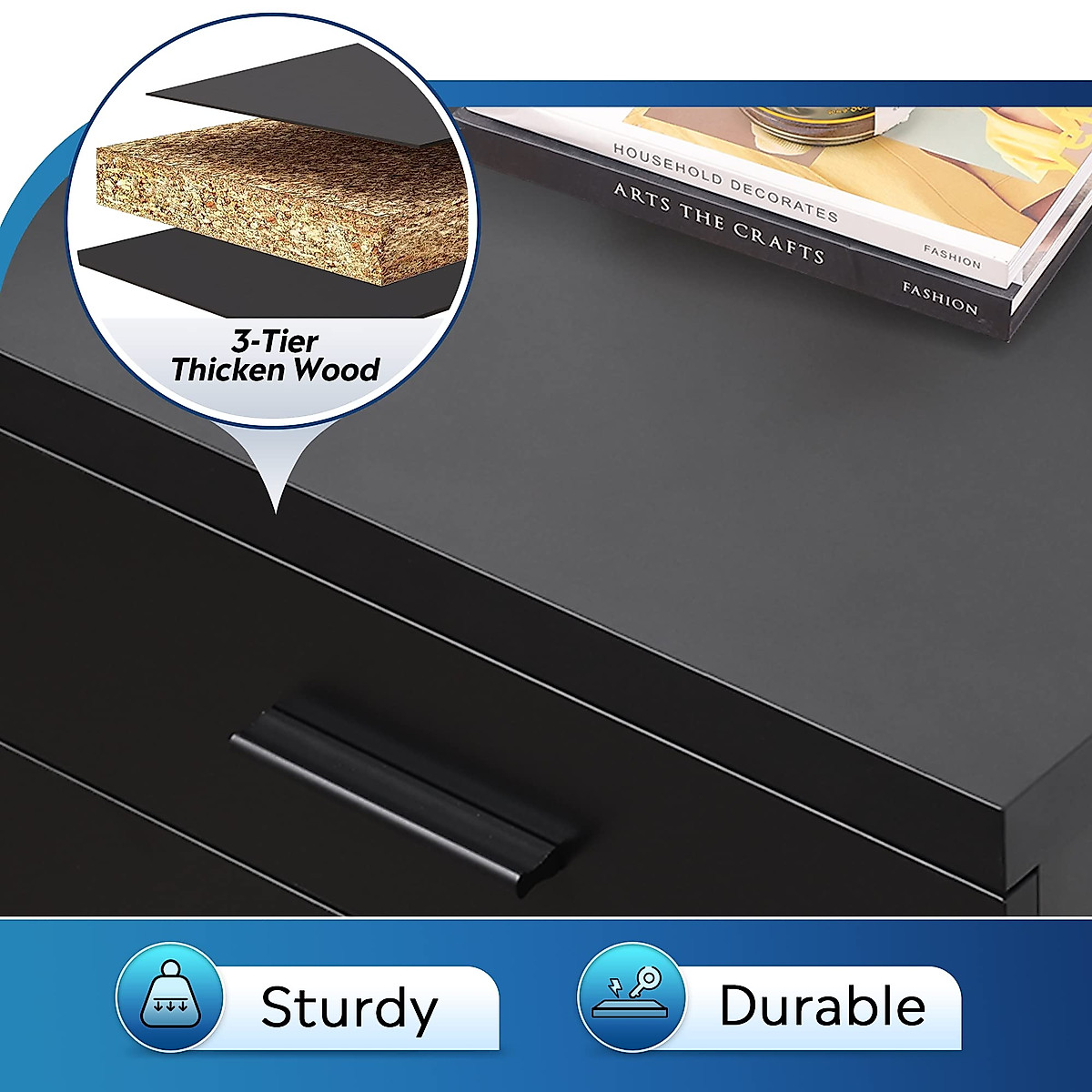 DEVAISE 3 Drawer File Cabinet for Home Office, Wood Under Desk Filing Cabinet, Rolling Printer Stand with Wheels, Black