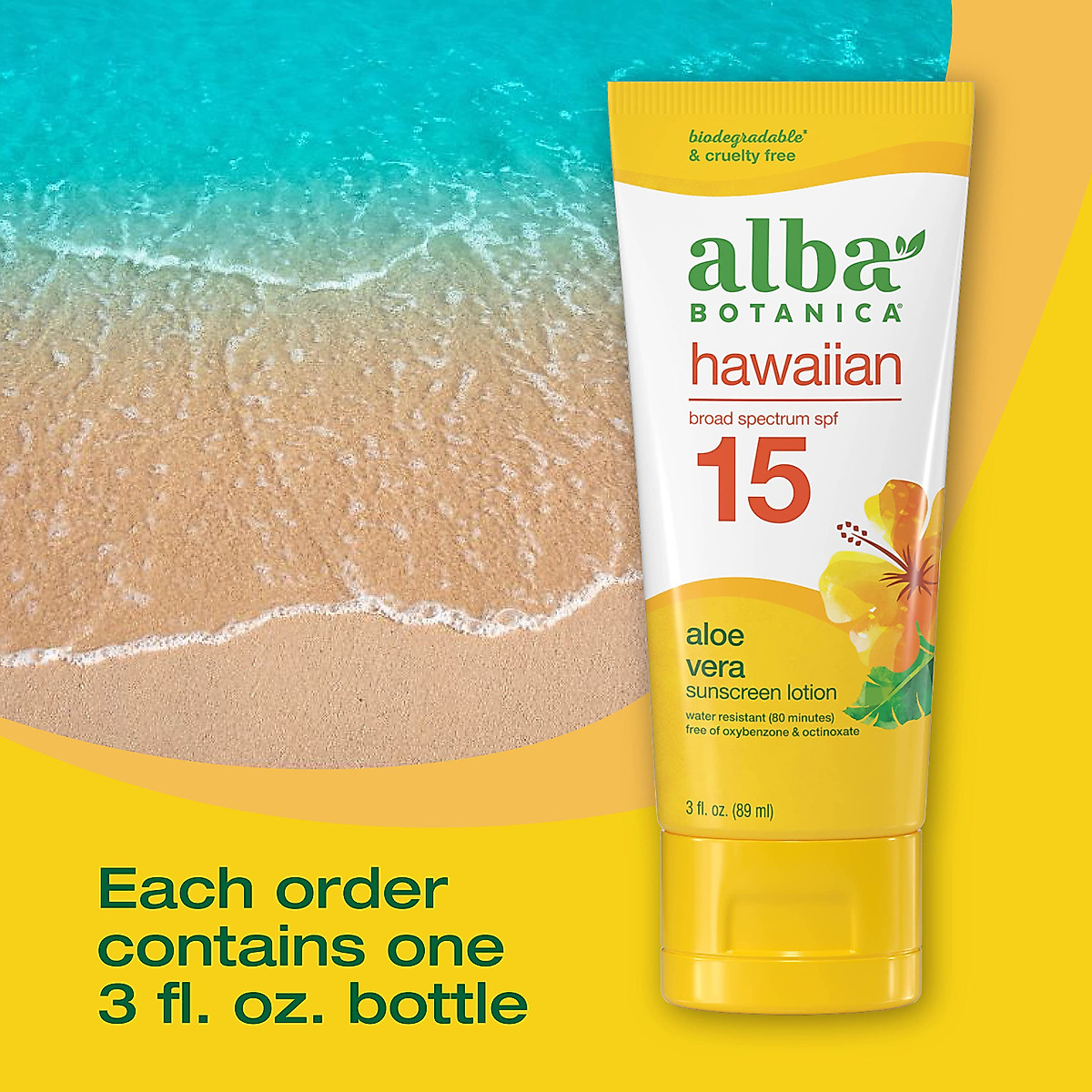 Alba Botanica Sunscreen for Face and Body, Hawaiian Aloe Vera Sunscreen Lotion, Broad Spectrum SPF 15 Sunscreen, Water Resistant and Biodegradable, 3 fl. oz. Bottle