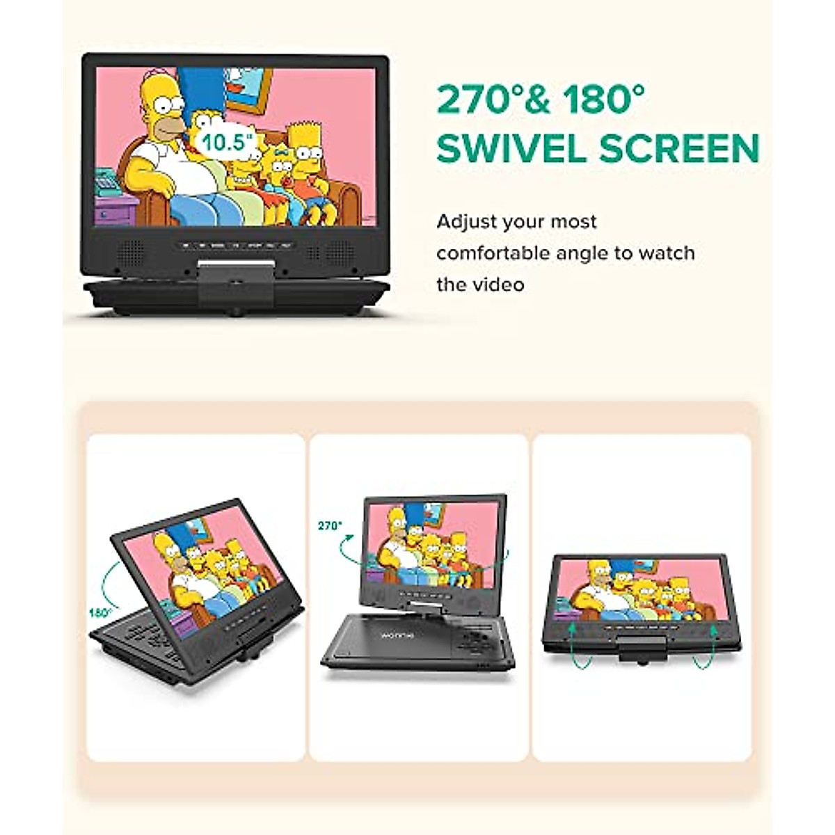 WONNIE 12.5" Portable DVD Player Car Headrest Video Players with 10.5" Swivel Screen, Car Headrest Holder, 5-Hours Rechargeable Battery, Regions Free, Support USB/SD Card/Sync TV