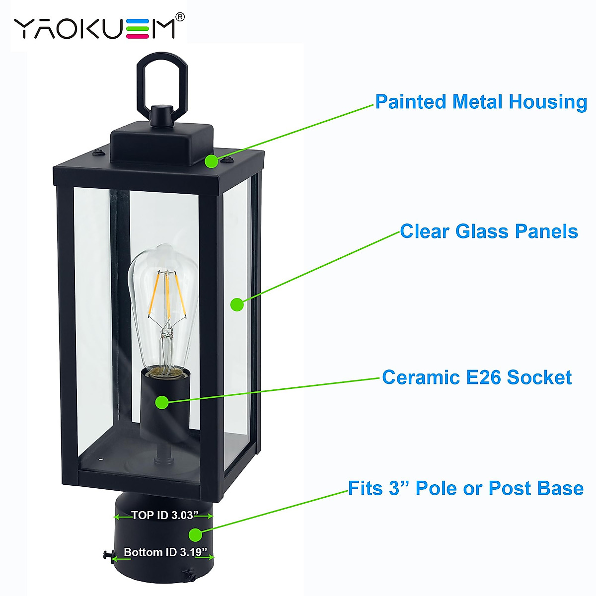 YaoKuem Outdoor Post Light, Pole Lantern, E26 Base 60W Max, Metal Housing Plus Glass, Wet Location Rated, Bulbs not Included, Matte Black, 1 Pack