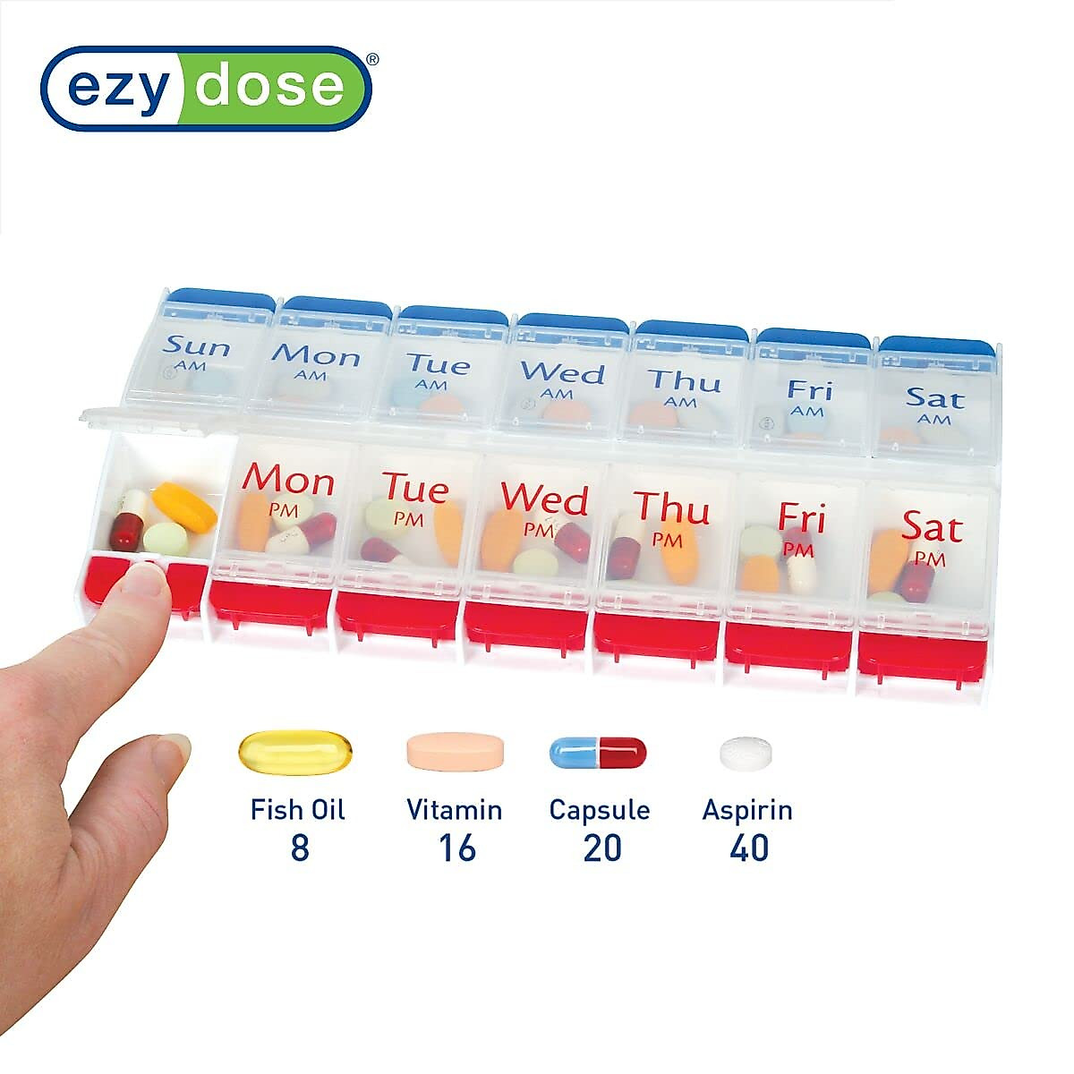 EZY DOSE Push Button (7-Day) Pill Case, Medicine Planner, Vitamin Organizer, 2 Times a Day AM/PM, Large Compartments, Arthritis Friendly, Clear Lids, Red/Blue
