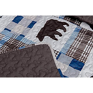Rustic Modern Farmhouse Cabin Lodge Quilted Couch Sofa Loveseat Armchair Chair Recliner with Patchwork of Grizzly Bears and Buffalo Plaid Check Houndstooth Patterns Beige Blue - Western 2 (Chair)